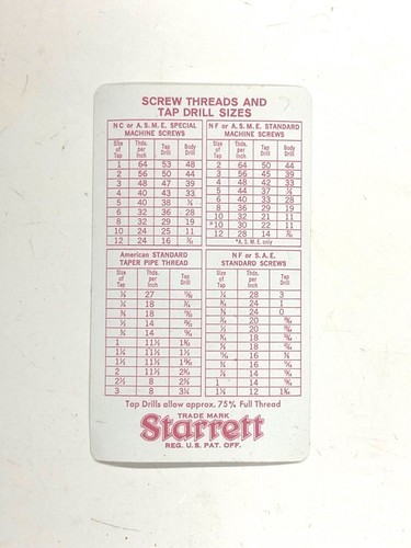 VINTAGE STARRETT TOOLS DECIMAL EQUIVALENT & TAP DRILL SIZES POCKET ...