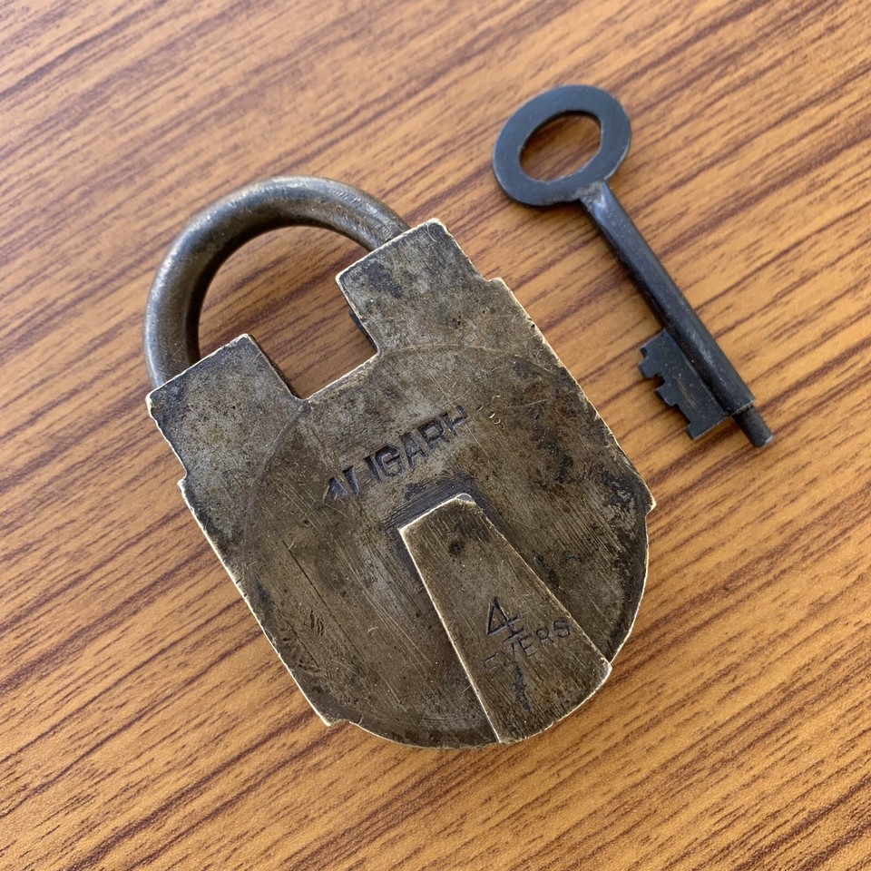OLD OR ANTIQUE BRASS PADLOCK OR LOCK WITH KEY, RARE SHAPE AND RICH ...