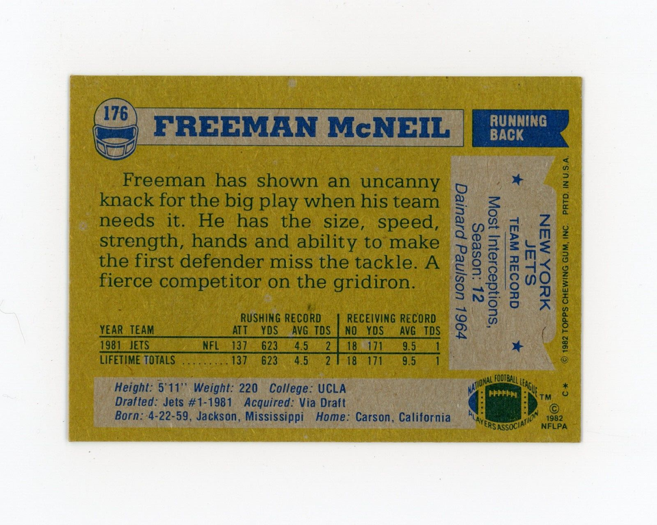 FREEMAN MCNEIL 1982 Topps Rc #176 New York Jets JM | eBay