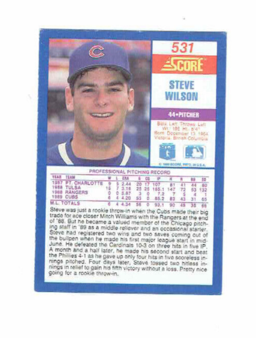 Steve Wilson Cubs #44 Pitcher #531 Score 1990 Baseball Card | eBay