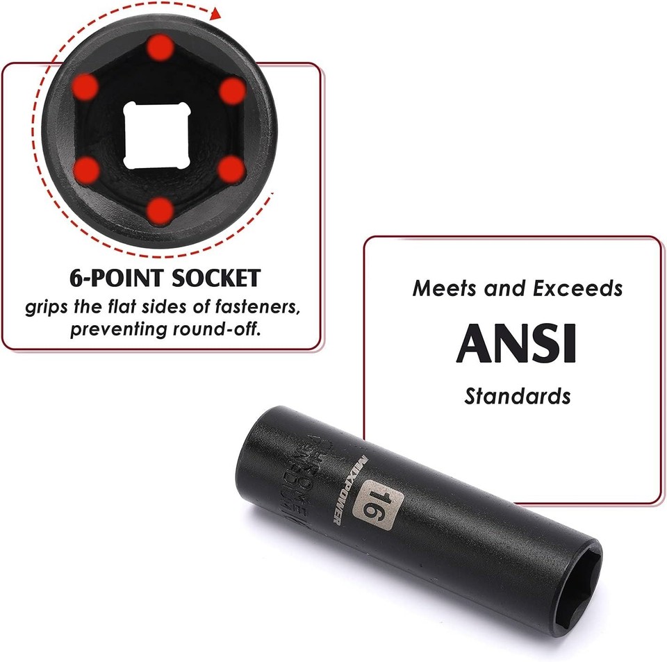 MIXPOWER 11Pc 1/2-Inch Drive Deep Impact Socket Set Metric 6 Point 10 ...