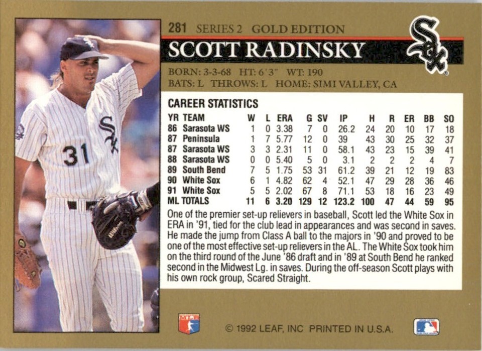 1992 Leaf Black Gold Scott Radinsky Chicago White Sox #281 Baseball ...