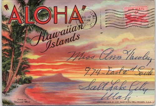 Postcard Folder Aloha Hawaiian Islands Sunset on Diamond Head 1950 air ...