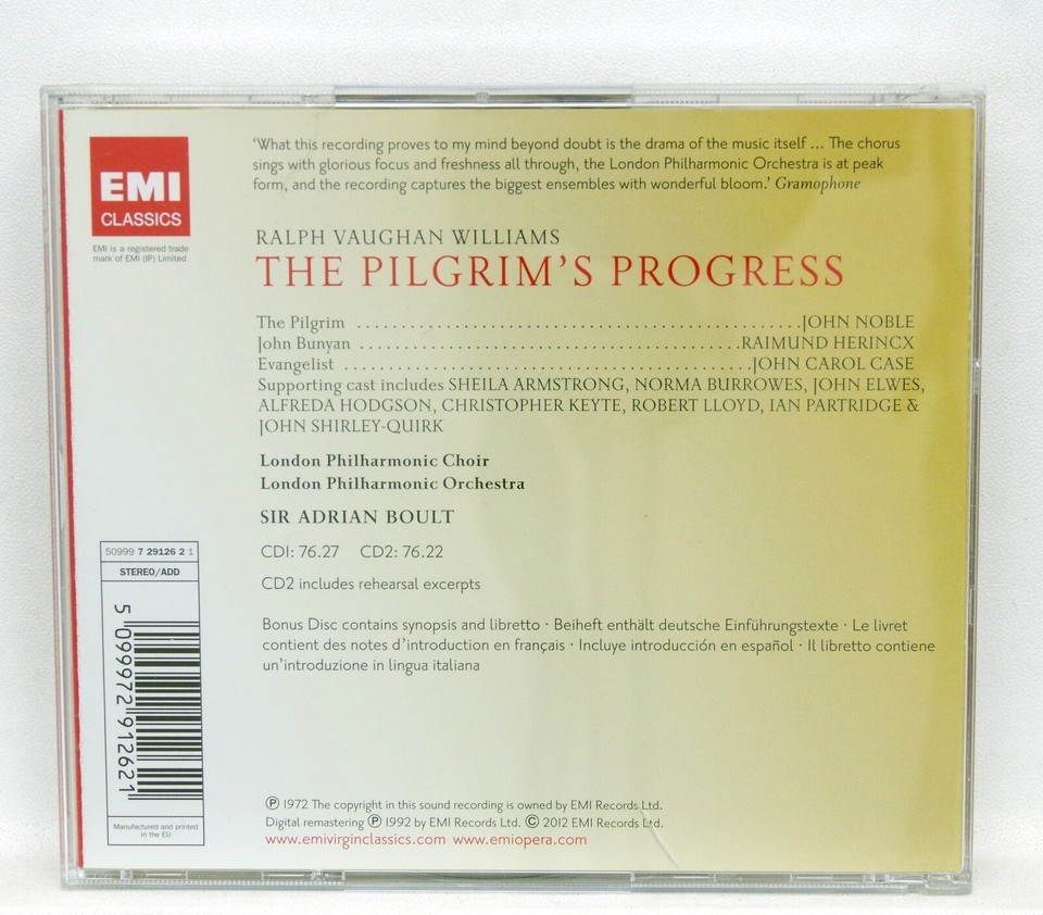 SIR ADRIAN BOULT - VAUGHAN WILLIAMS the pilgrim's progress EMI 2xCDs NM ...