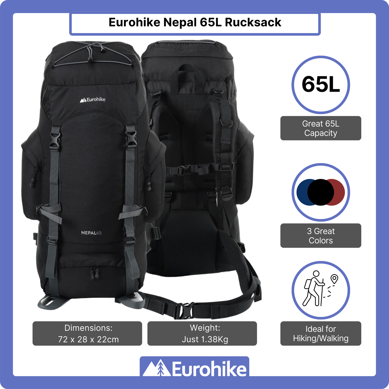 Eurohike Nepal 65L Walking Rucksack, Hiking Backpack, Camping ...