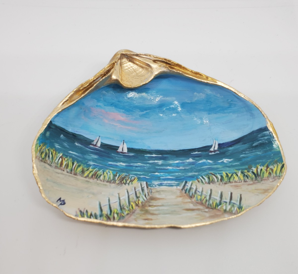 Seashell Large Hand Painted Sailboat and Beach, Gold Leaf Trim, Trinket ...