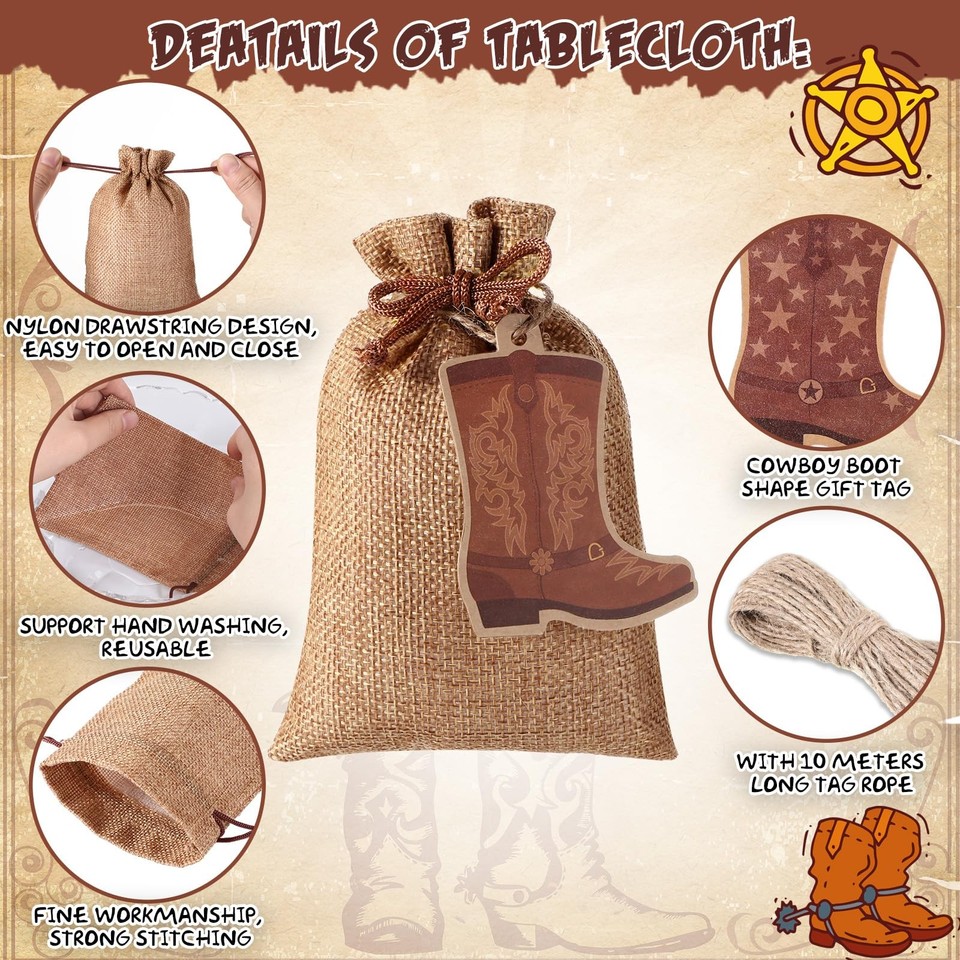 Mooliwe 50 Pcs Burlap Drawstring Bags with Boot Shape Tags, Western ...