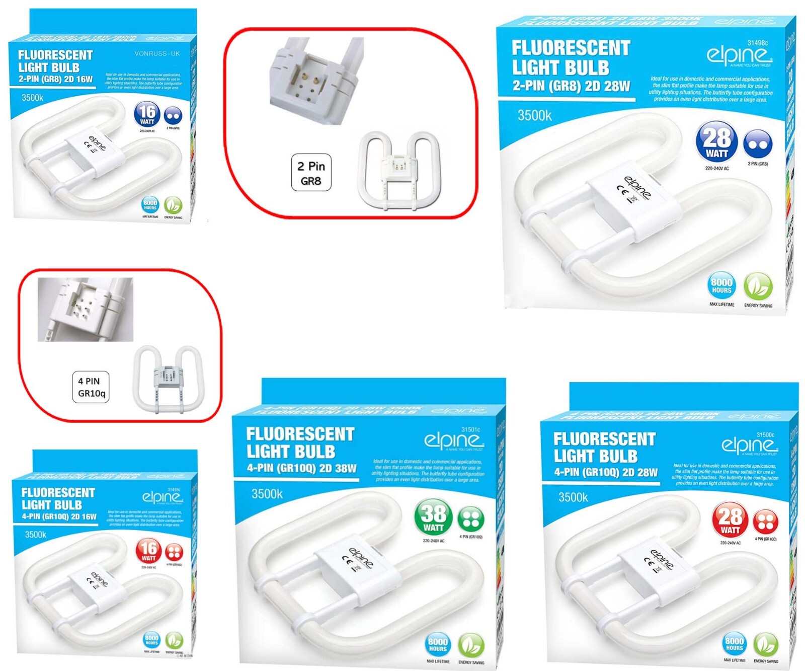 16w 28w 38w 2D Tube Light Bulbs Lamp GR10Q GR8 2 Pin 4 Pin White Energy ...