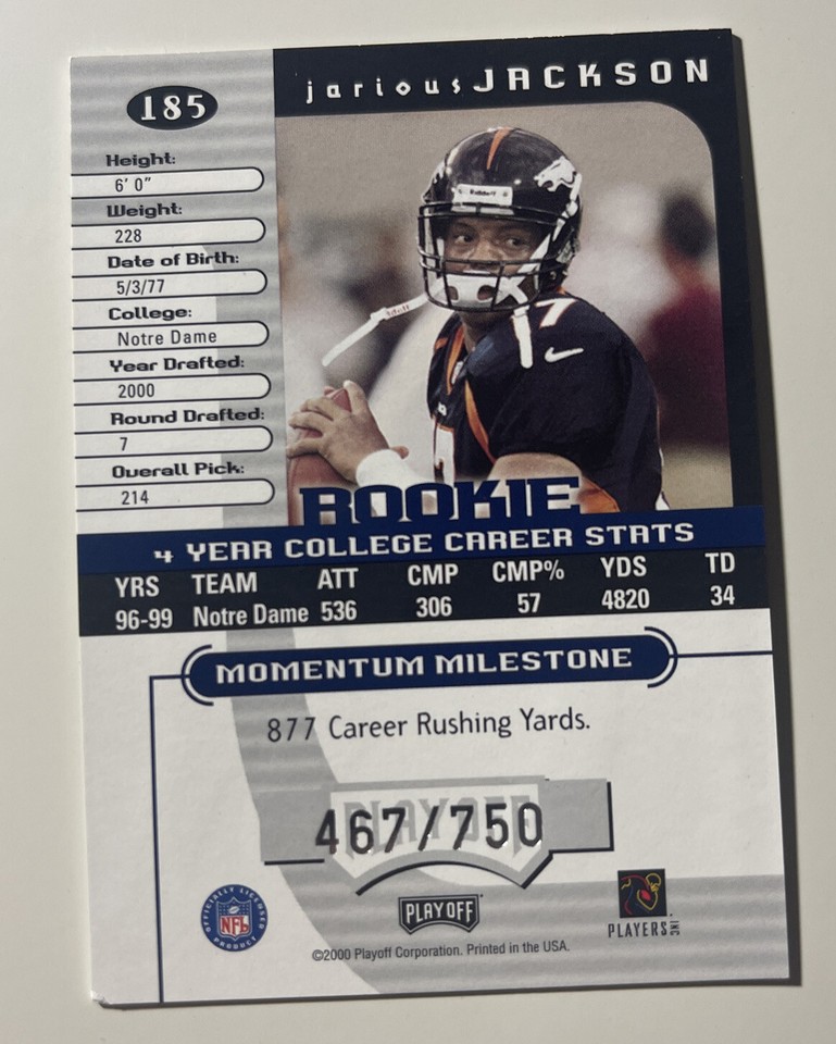 2000 Playoff Momentum #185 Jarious Jackson Rookie Card /750 RC Denver ...