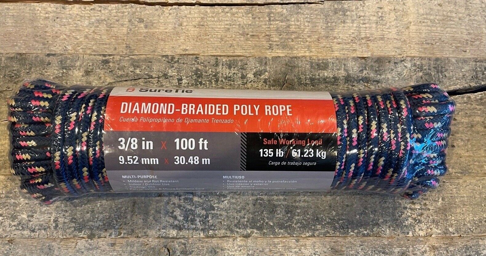 Diamond Braid 3/8” X 100 Ft Low Stretch All Purpose Poly Rope, Heavy ...