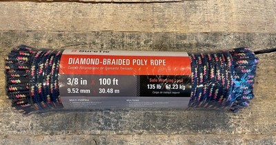 Diamond Braid 3/8” X 100 Ft Low Stretch All Purpose Poly Rope, Heavy ...