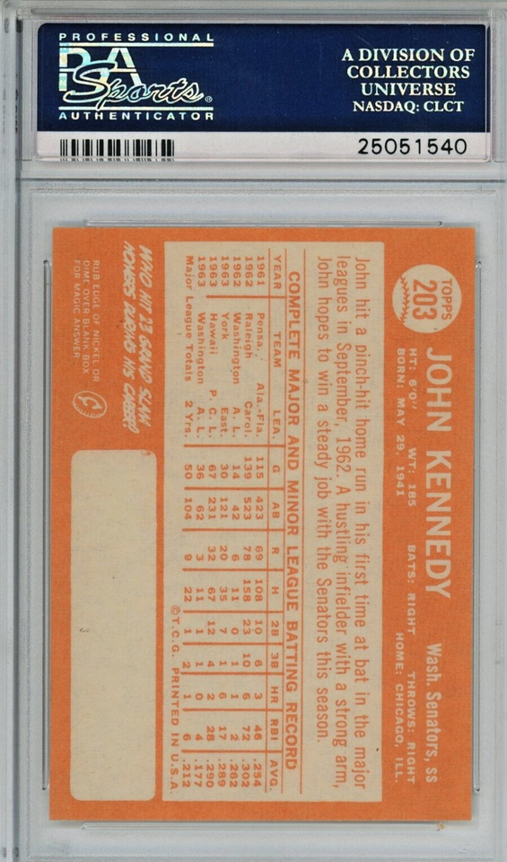 1964 Topps John Kennedy baseball card, PSA graded NM-MT 8, #203 in the ...
