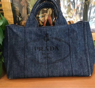 Authentic Excellent PRADA Canapa Tote Bag Gold Hardware Denim Blue ...