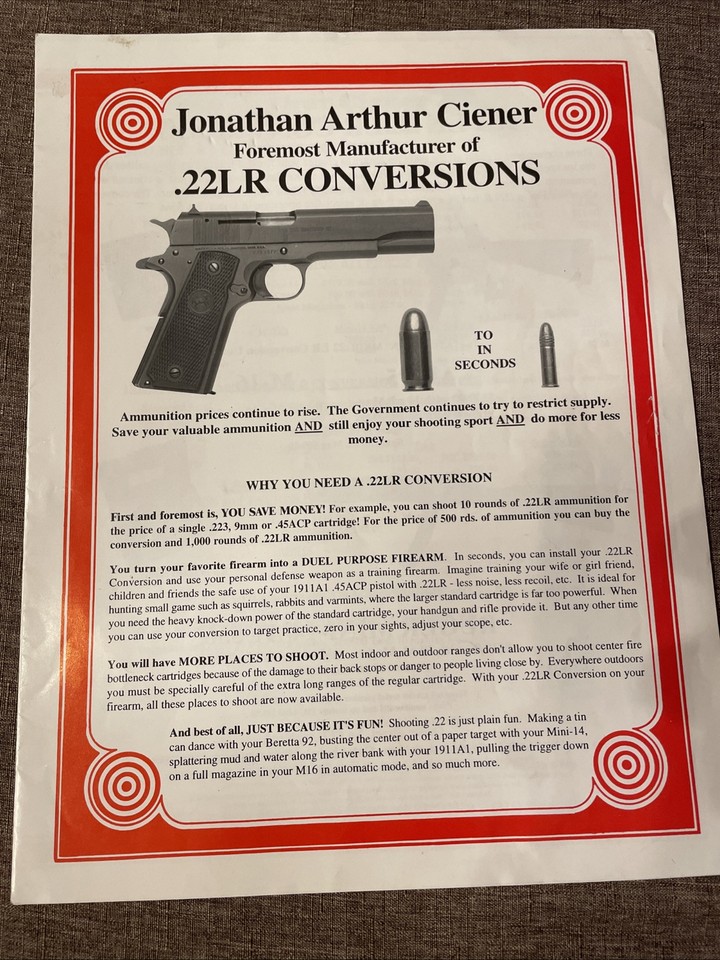 Original Jonathan Arthur Ciener 1990’s Catalog Brochure .22LR ...
