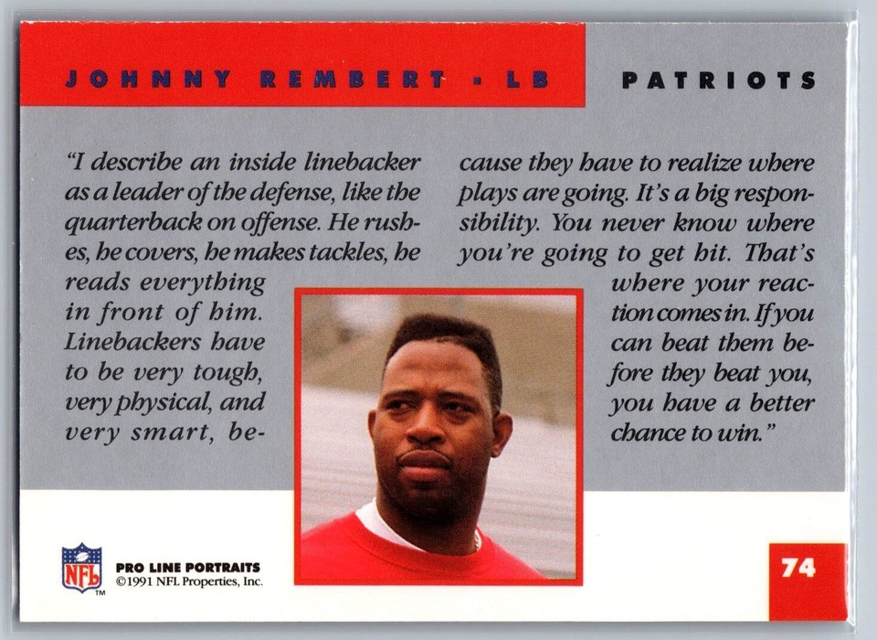 1991 Pro Line Portraits - Johnny Rembert #74 New England Patriots NFL ...