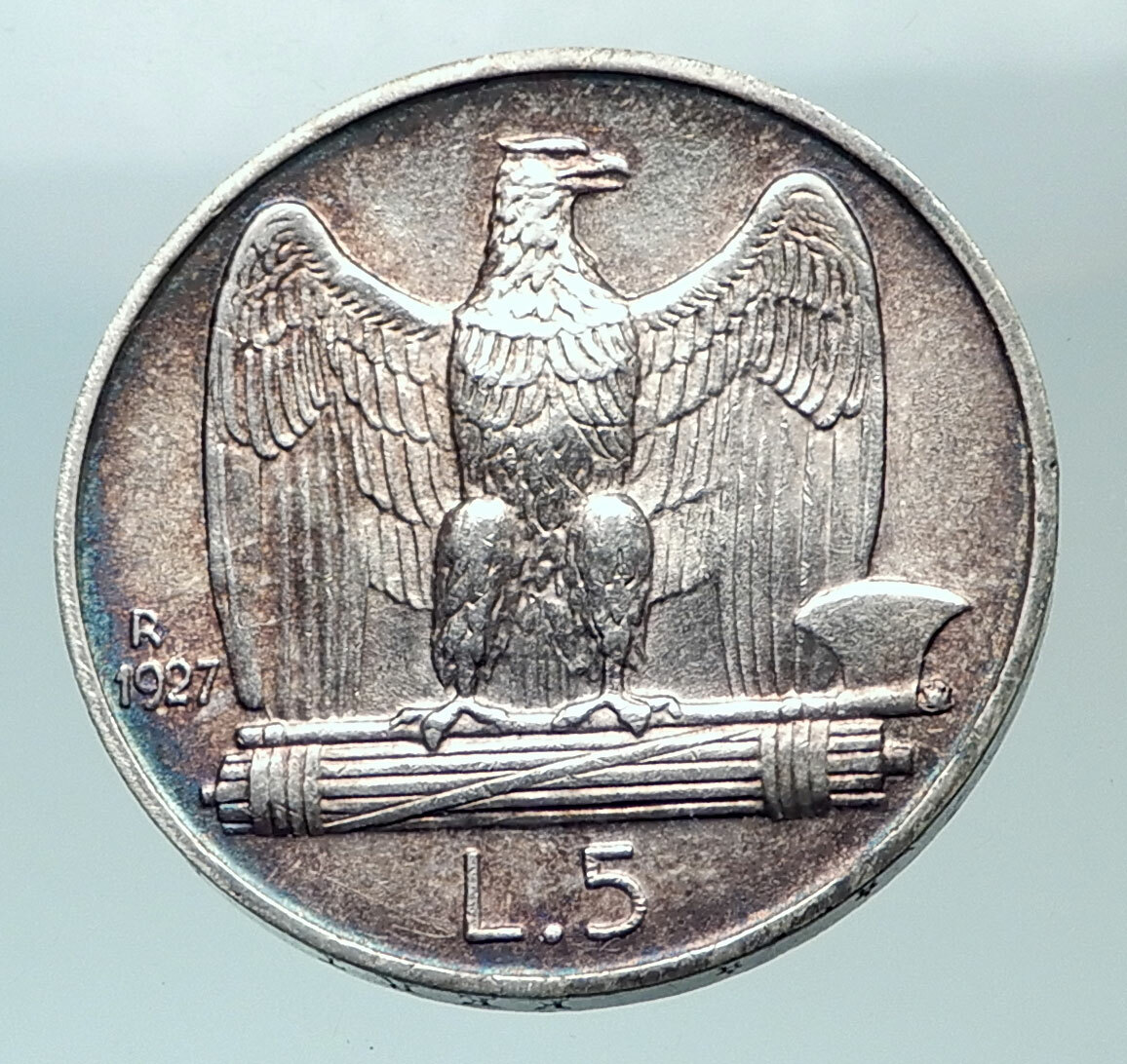 1927 ITALY King Victor Emmanuel III Silver 5 Lire Italian Coin w EAGLE ...