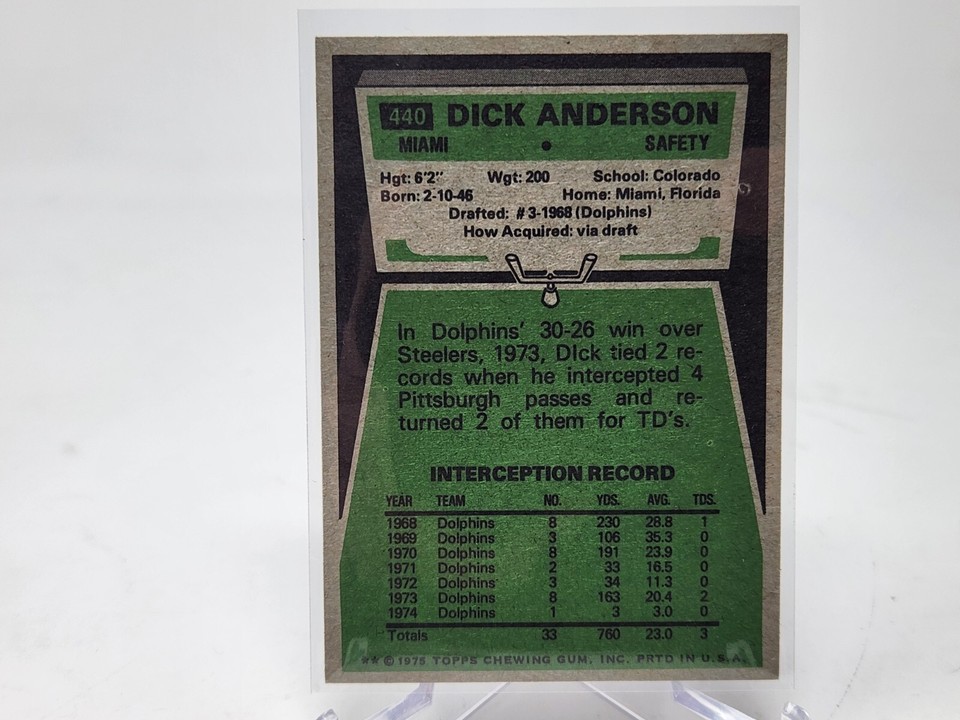 1975 Topps Football Dick Anderson Card #440 NM | eBay