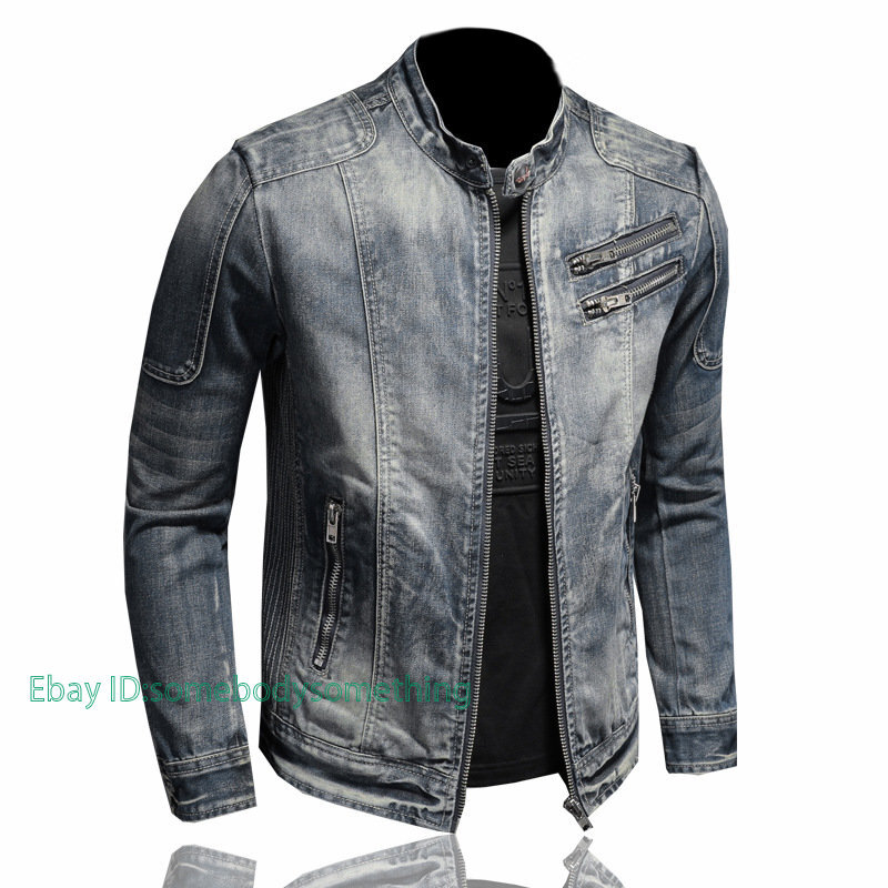 Mens Slim Fit Stand Collar Zipper Motorcycle Denim Jacket Coat Plus ...