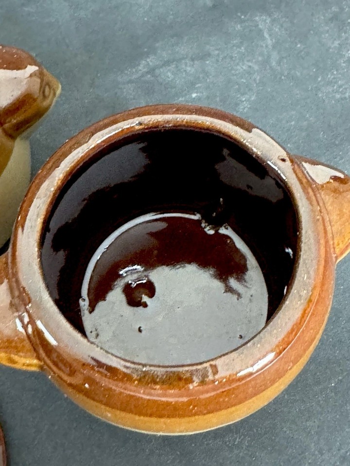 Vintage Small Stoneware Bean Pot Set Lidded Crocks 2 Tone Brown Tan ...