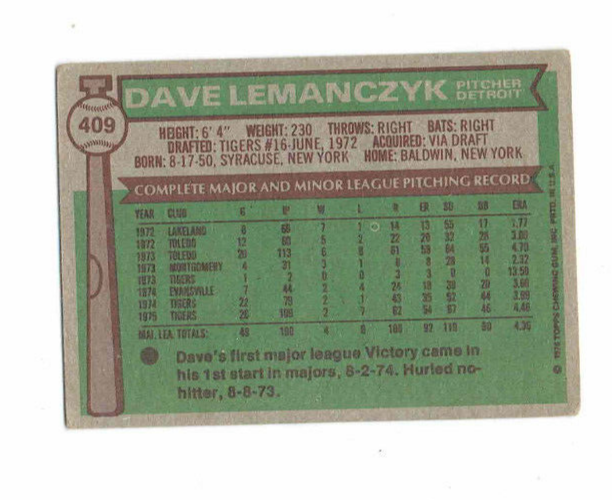 Dave Lemanczyk Detroit Tigers Pitcher #409 Topps 1976 #Baseball Card | eBay