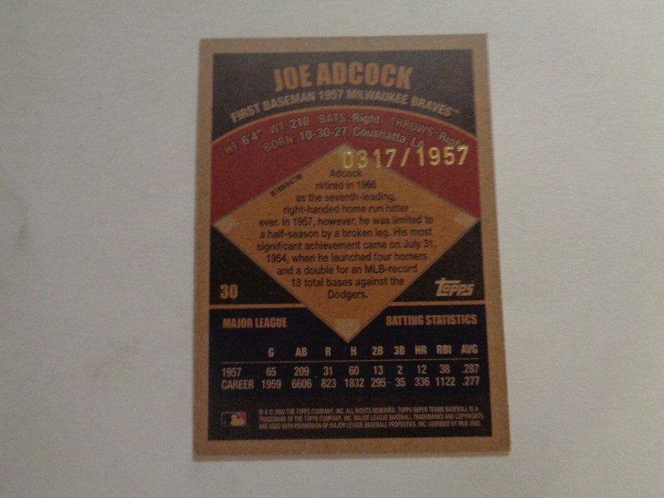 2002 Topps Super Teams '57 Joe Adcock Card #30 #317/1957 | eBay