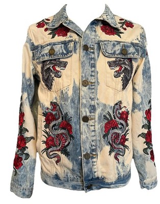 Reason Denim Distressed Jean Jacket Skulls Snakes Roses Wolves Patches ...