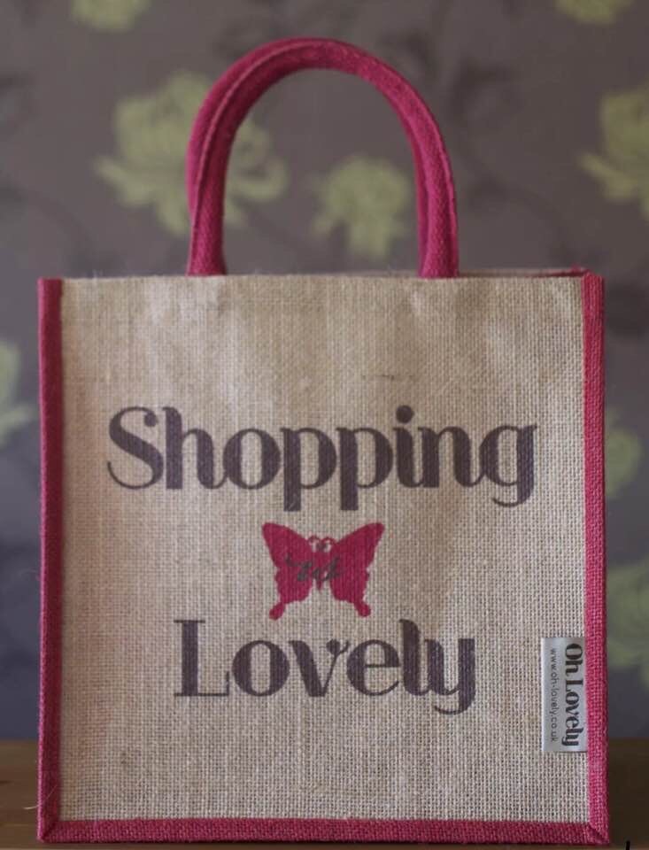 Jute Fair Trade SHOPPING IS LOVELY bag 30cm Square Padded Handles | eBay UK