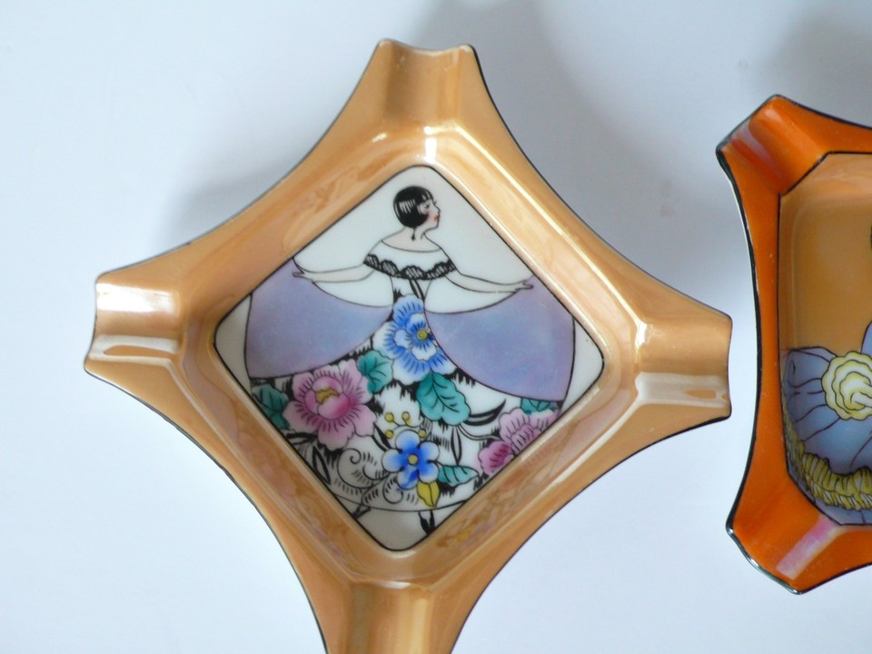 Art Deco NORITAKE Lusterware 2 Porcelain Ashtrays/Pin Dish "Spanish Aya ...