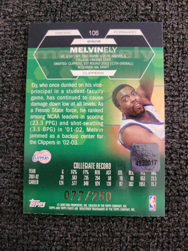 2002-03 Topps Finest Rookie Refractor Autograph RC Melvin Ely /250 ...