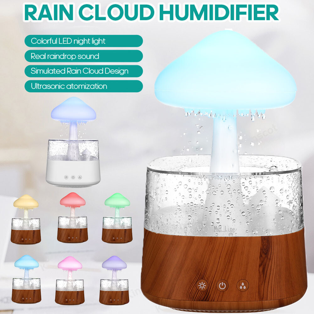 Rain Cloud Humidifier Raining Sound LED RGB Lights Night Light Raindrop ...