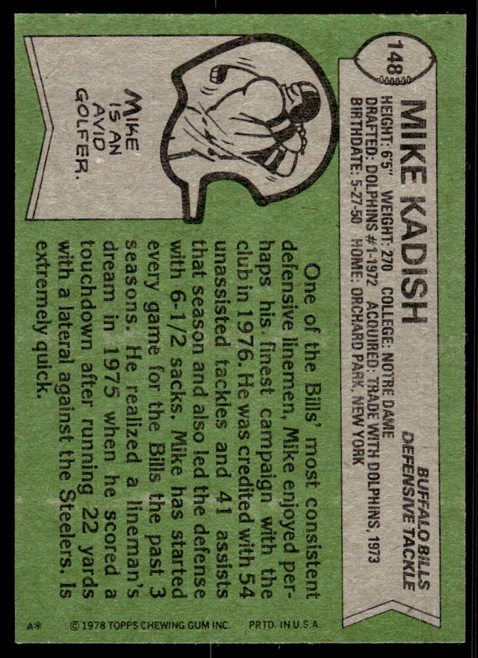 1978 TOPPS MIKE KADISH K BUFFALO BILLS #148 | eBay