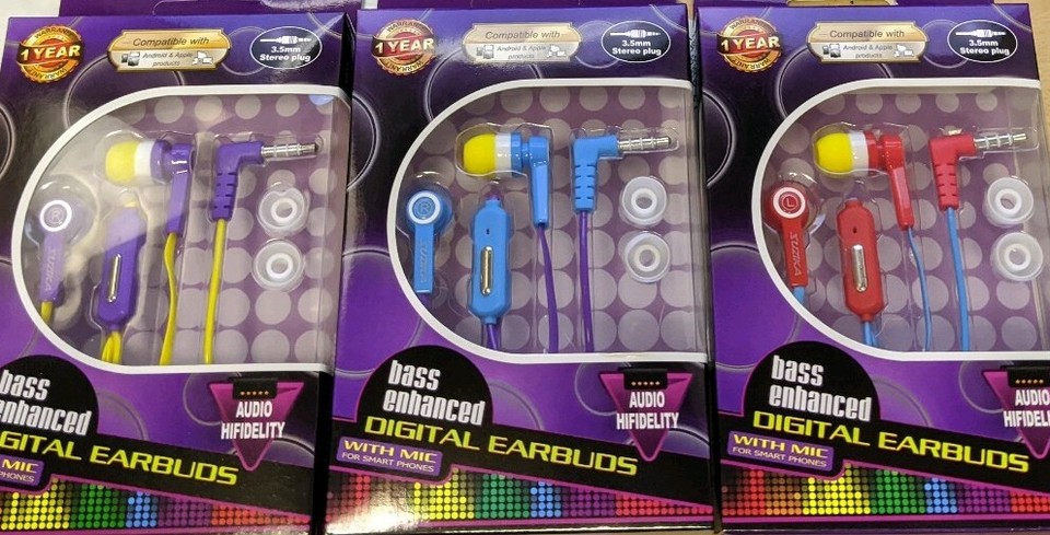 Two-Tone Bass Enhanced Digital Earbuds Wired 4 ft. 3.5mm Stereo Blue ...