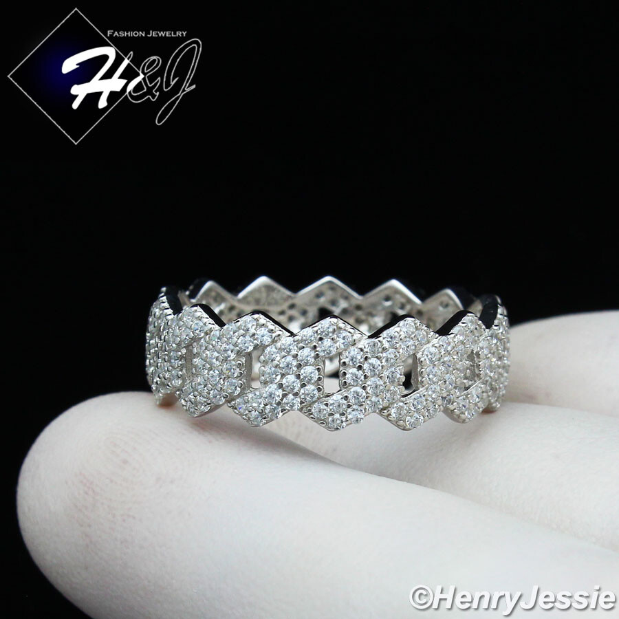 MEN WOMEN 925 STERLING SILVER FULL ICY CUBIC ZIRCONIA CUBAN CURB LINK ...