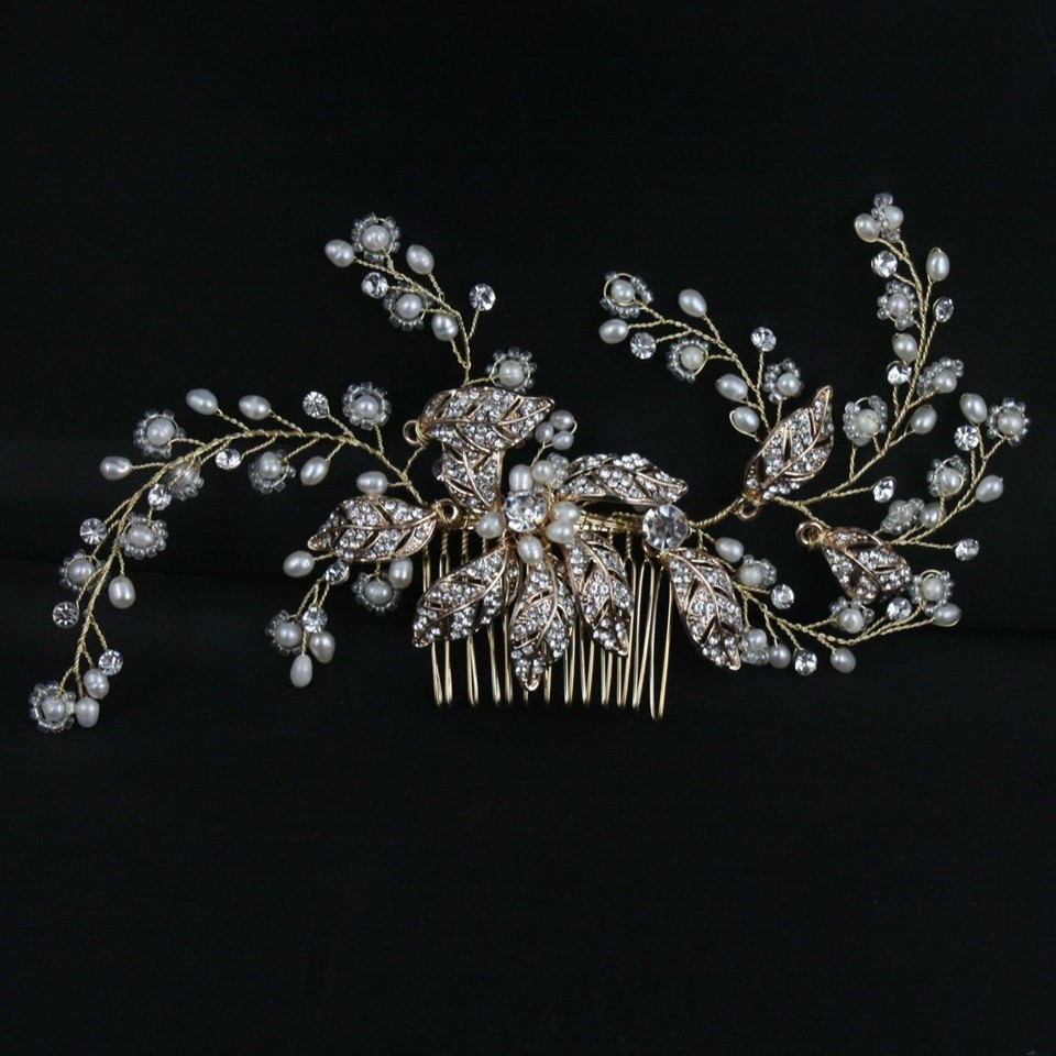 FAYBOX Vintage Gold Twig Crystal Pearl Side Combs Bridal Headpiece ...