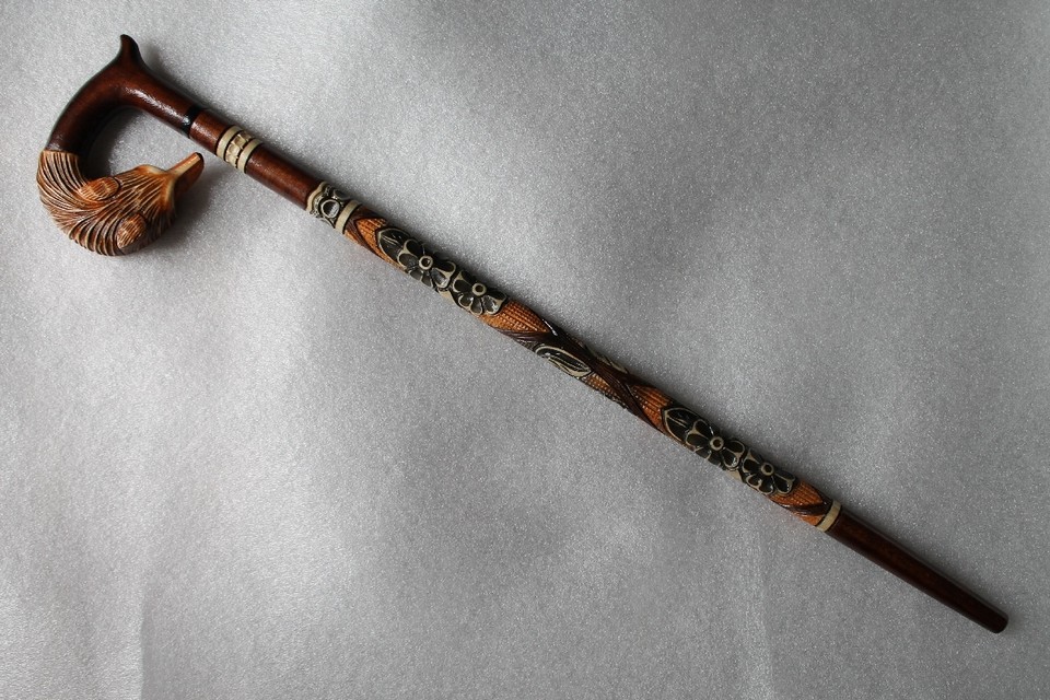 FOX Gorgeous Hand Carved Wooden Folk Art Linden 36" WALKING STICK Cane ...