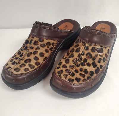 Romika AntiShock Leopard Print Brass Stud Accent Leather Mules Slides ...