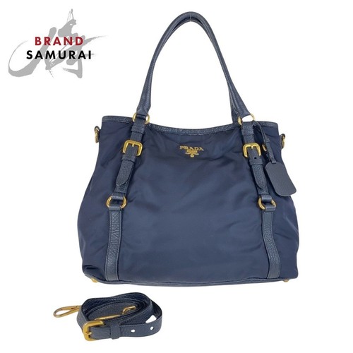 PRADA Navy Gold Hardware Nylon Leather Shoulder Bag Handbag Ladies ...