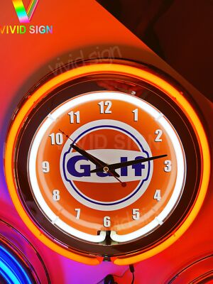 15" Gulf Gas Oil Gasoline Neon Clock Garage Sign Lamp Double Motor Auto ...