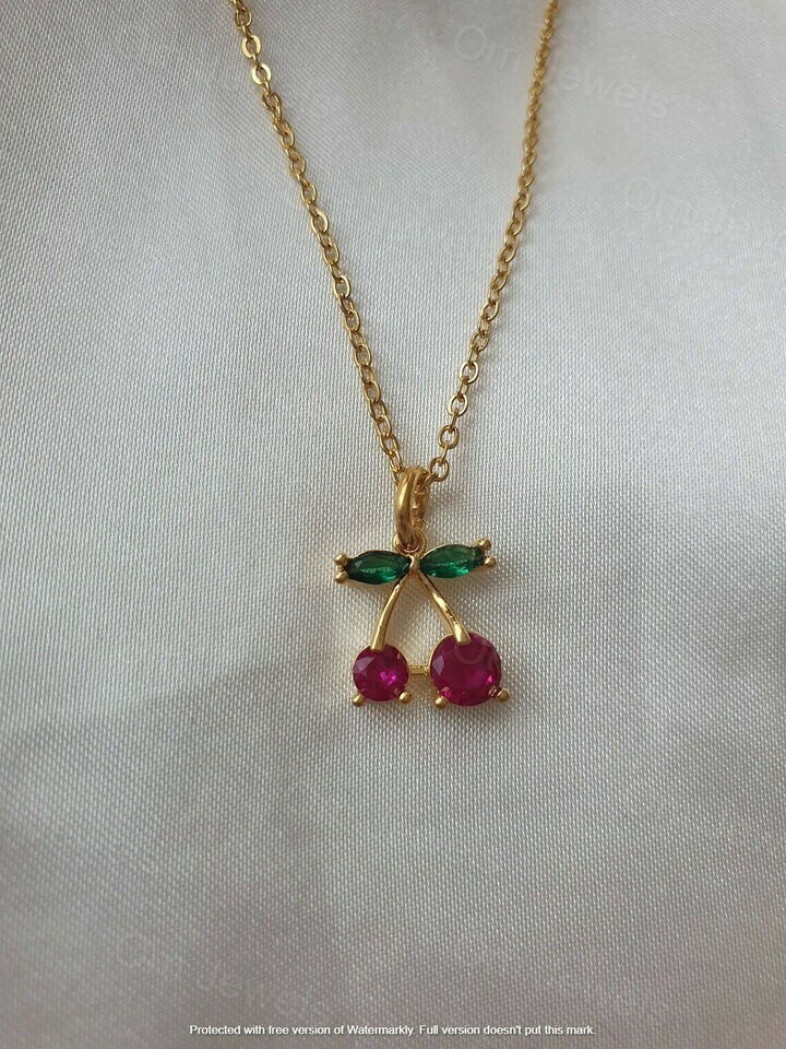 1 Ct Round Cut Red Ruby Cherry Pendant 14K Yellow Gold Finish Free ...