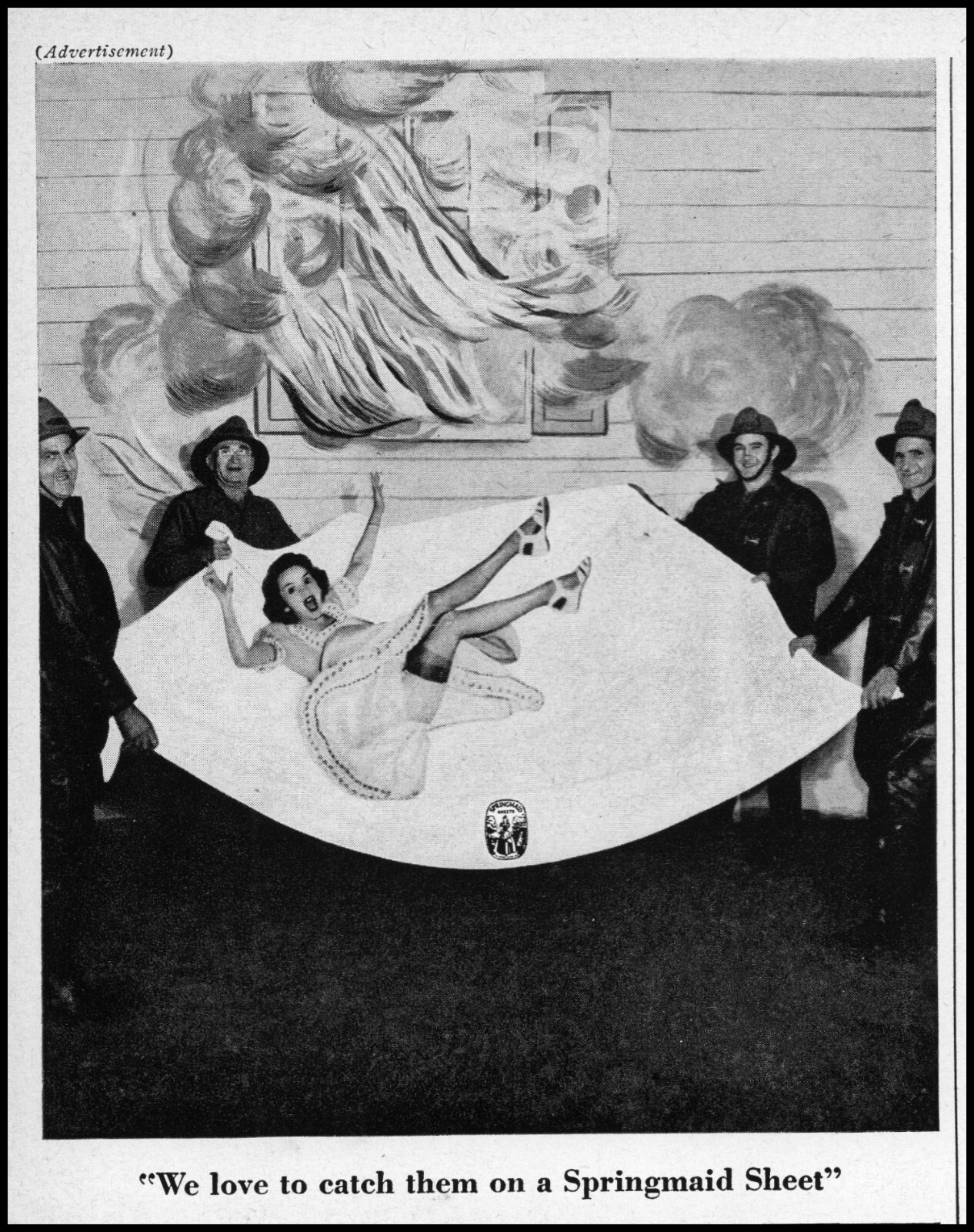 1958 Firemen Woman Upskirt Springmaid sheet fireman catch retro print ...