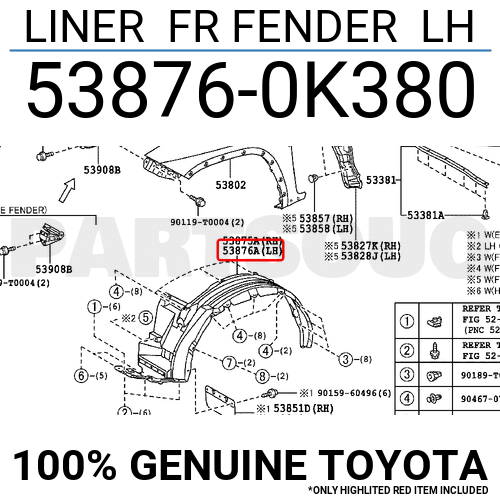 538760K380 Genuine Toyota LINER FR FENDER LH 53876-0K380 | eBay