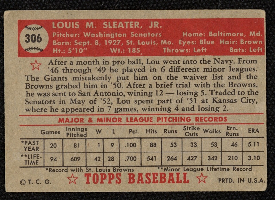 1952 Topps #306 Lou Sleater # Washington Senators ~ VG/EX+ | eBay