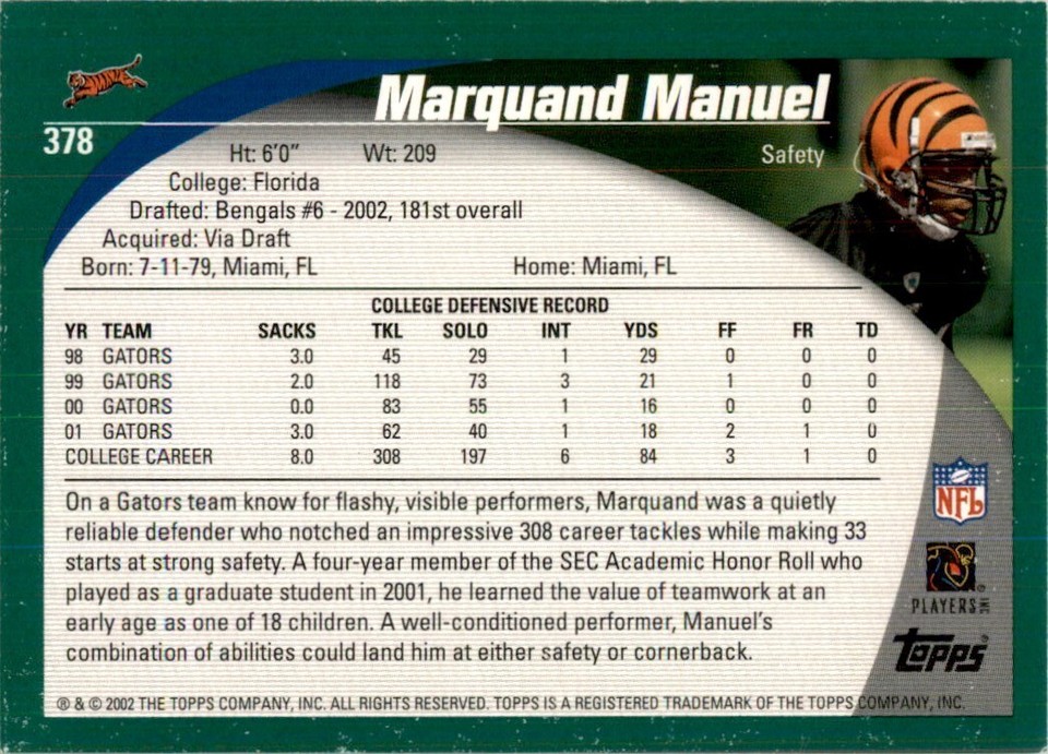 2002 Topps Marquand Manuel Rookie Cincinnati Bengals #378 NFL Football ...