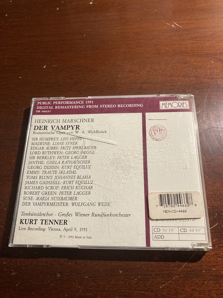 Heinrich Marschner Der Vampyr Kurt Tenner Leo Heppe Liane Synek 2 CD ...