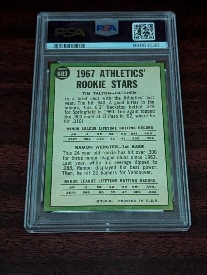 1967 Topps Baseball 603 Athletics Rookies Talton/Webster PSA 6 EX-MT ...