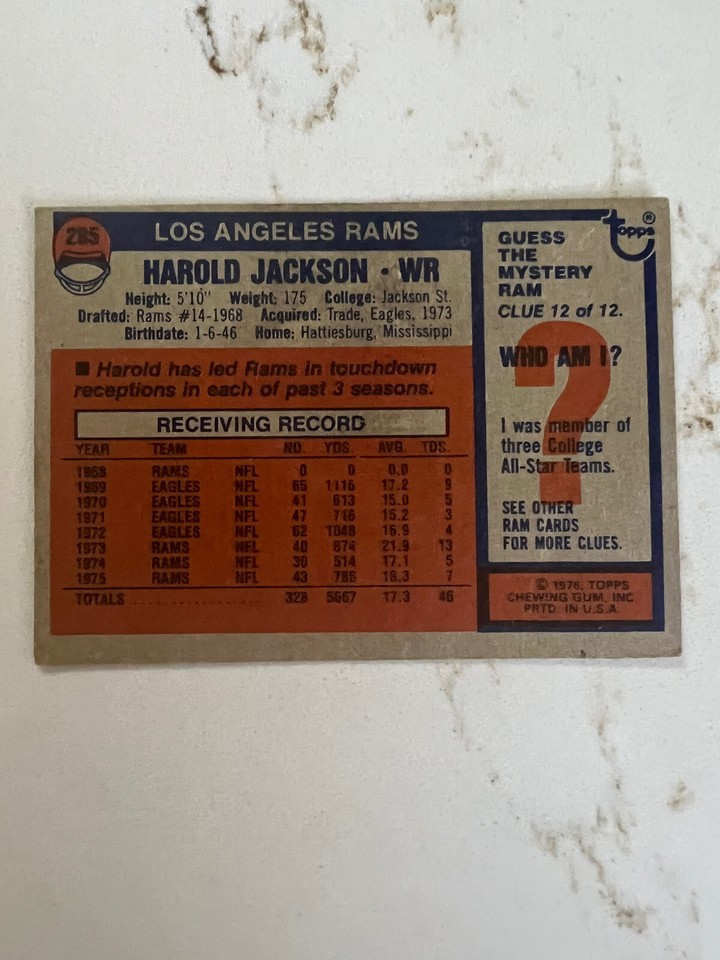 Harold Jackson Los Angeles Rams 1976 Topps #285 "Ram and Eagle Legend ...