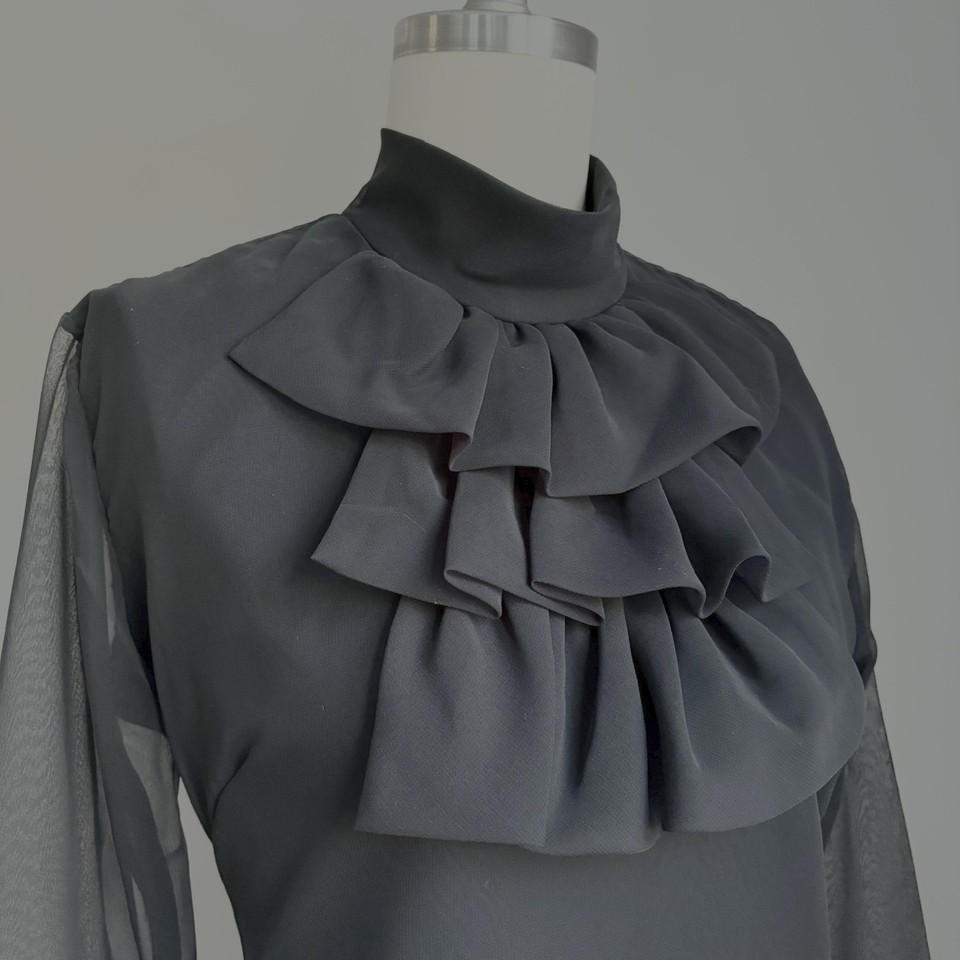 Vintage 1960’s Jet Black Ruffled Ascot Sheer Sleeve Blouse Medium | eBay