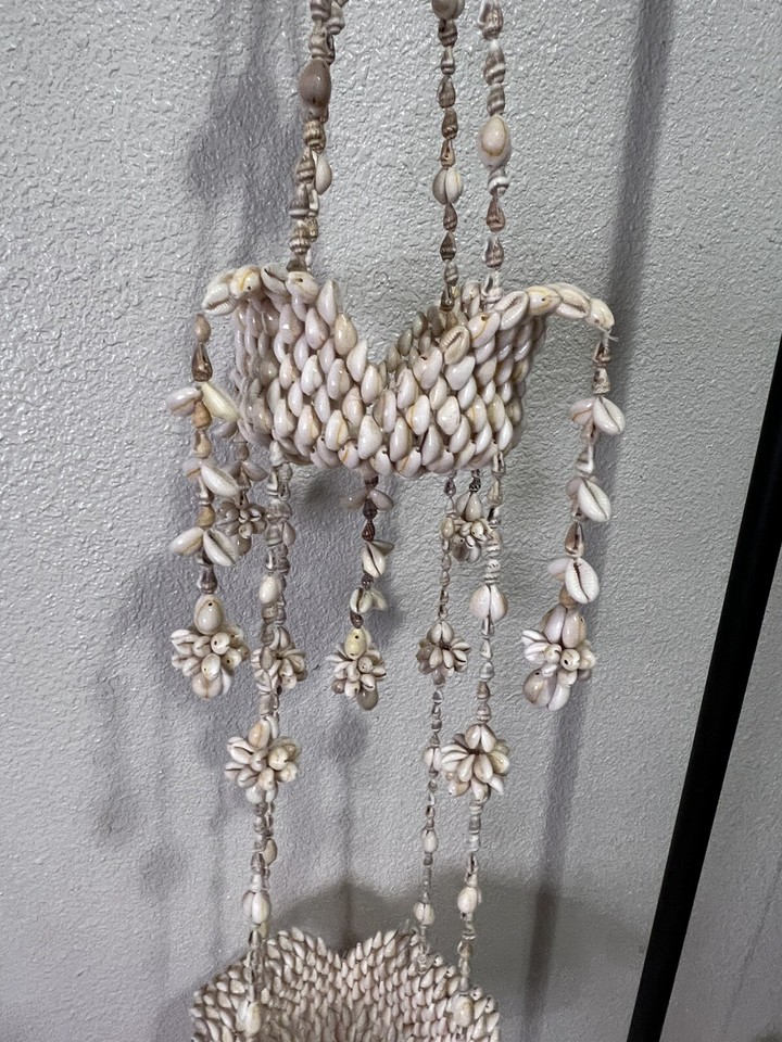 Vtg 35” Tiered Cowrie Puka Sea Shell Macrame Hanging2 Basket Planter ...