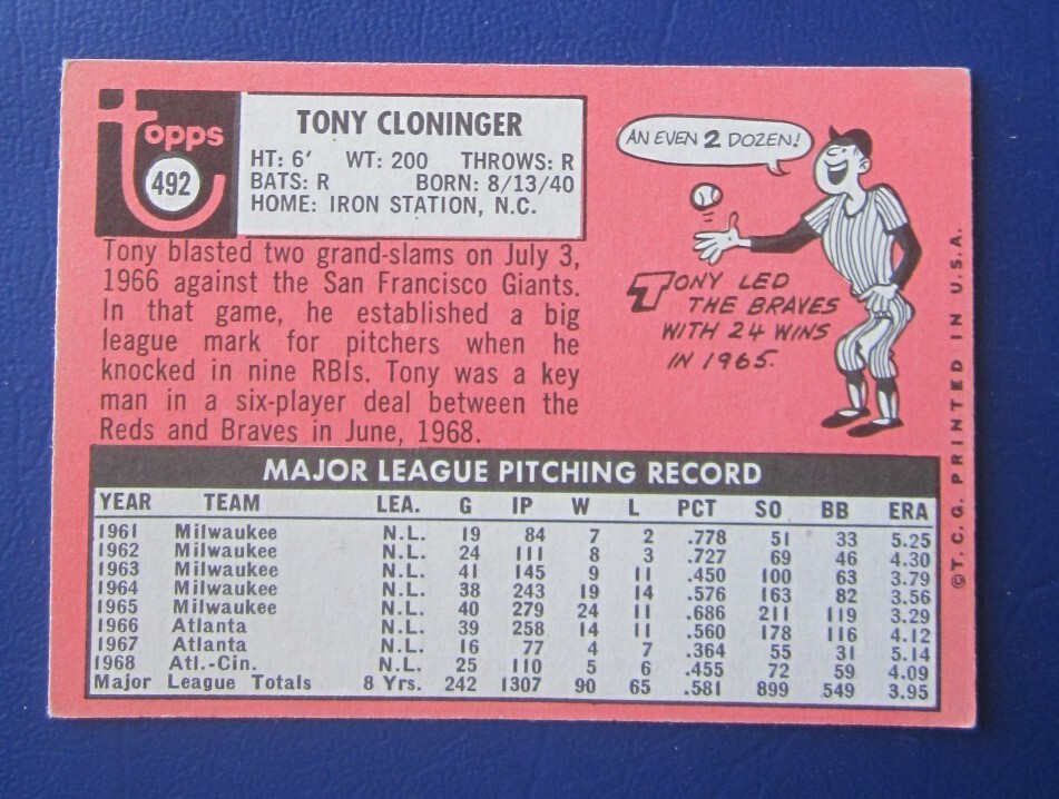1969 Topps Tony Cloninger (Cincinnati Reds) #492 EX/NRMT | eBay
