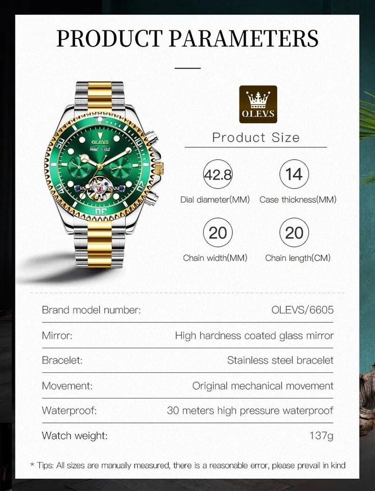 Automatic Mechanical Waterproof Watch Men's OLEVS Luxury Men Date Strap ...